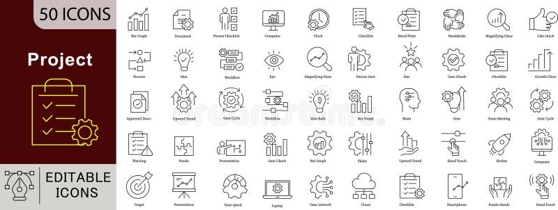 Project Line Icons: Planning, Development and Business Workflow Vectors ...