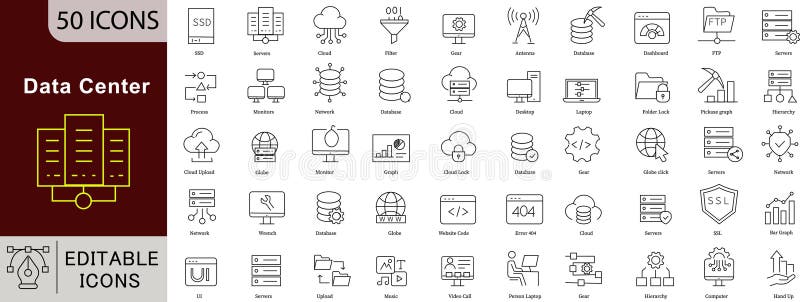Data Center Line Icons: Server, Cloud Computing and Network Technology ...