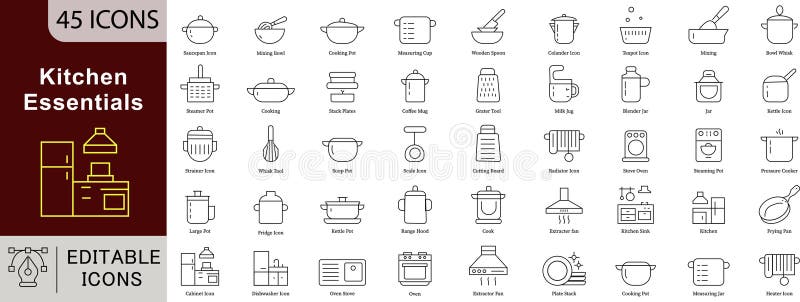 Kitchen Essentials Line Icons: Cooking, Utensils and Home Food Prep ...