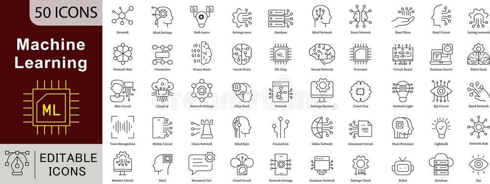 Machine Learning Editable Line Icons Set for AI, Data Science, and Algorithm Automation Concepts ...