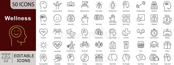 Wellness Editable Line Icons Set for Health, Mental Well-being, and ...