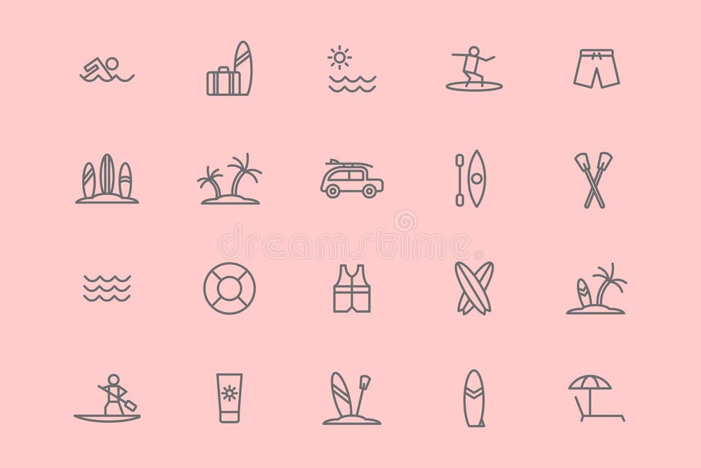 Surfing Icon Set, Surf Board Icon Bundle, Liner Icons, Icon Vector ...