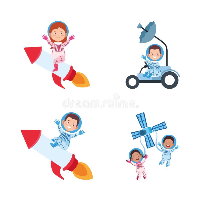 Icon Set of Cartoon Astronauts on Space Vehicles Stock Vector ...