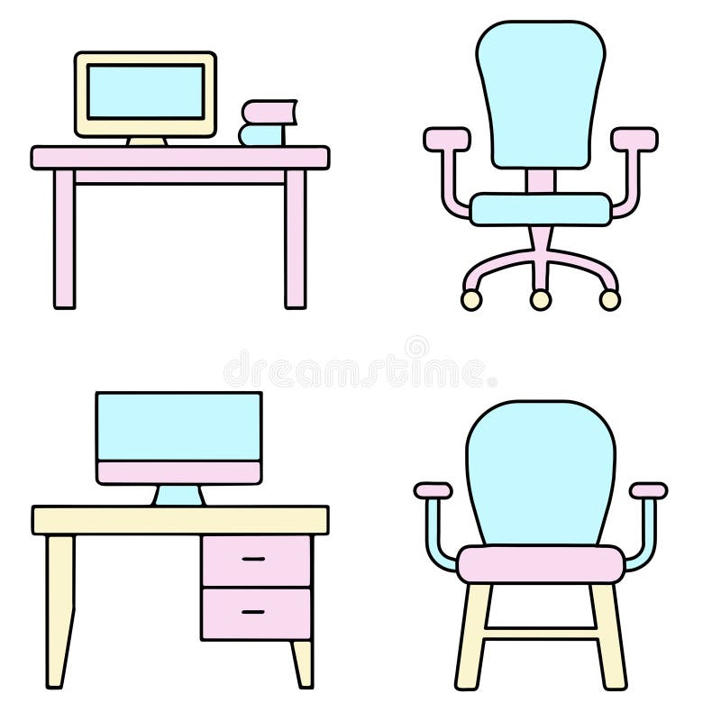 Icon Set Desk with Computer Chair Cute Doll Furniture Vector Stock ...