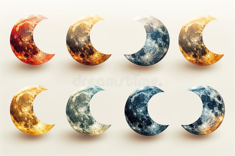 Icon Set Displaying Various Phases of the Moon with Different Colors ...