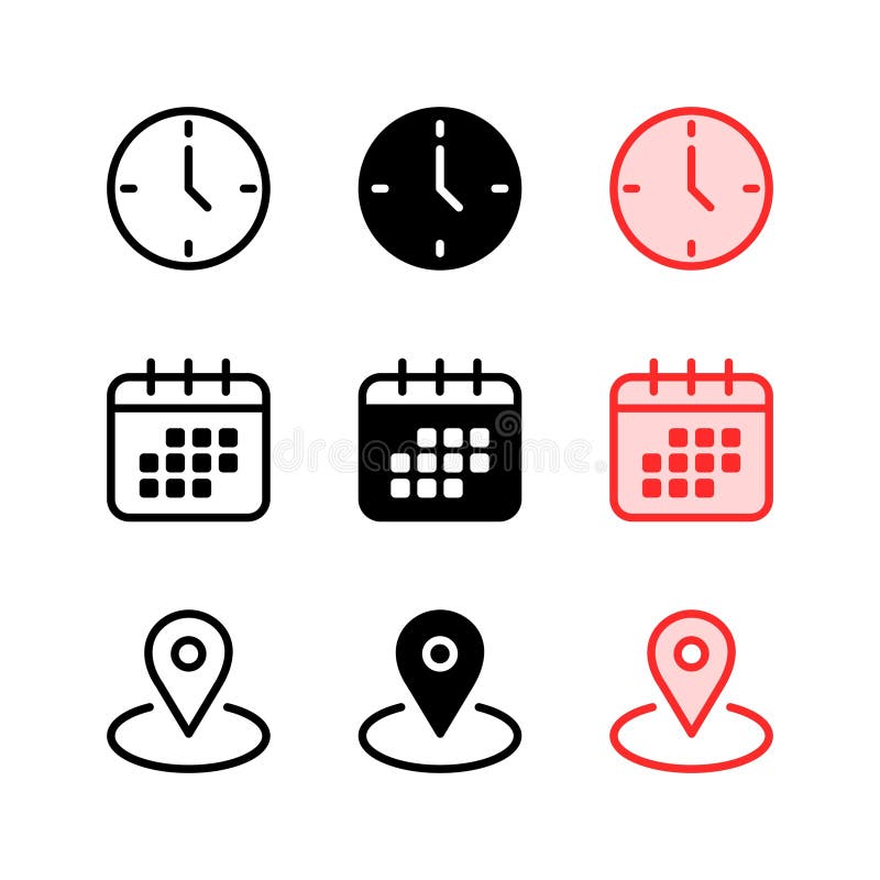 Time, Date, Location Icon Set. Clock Icon, Calendar Icon, Pin Point ...