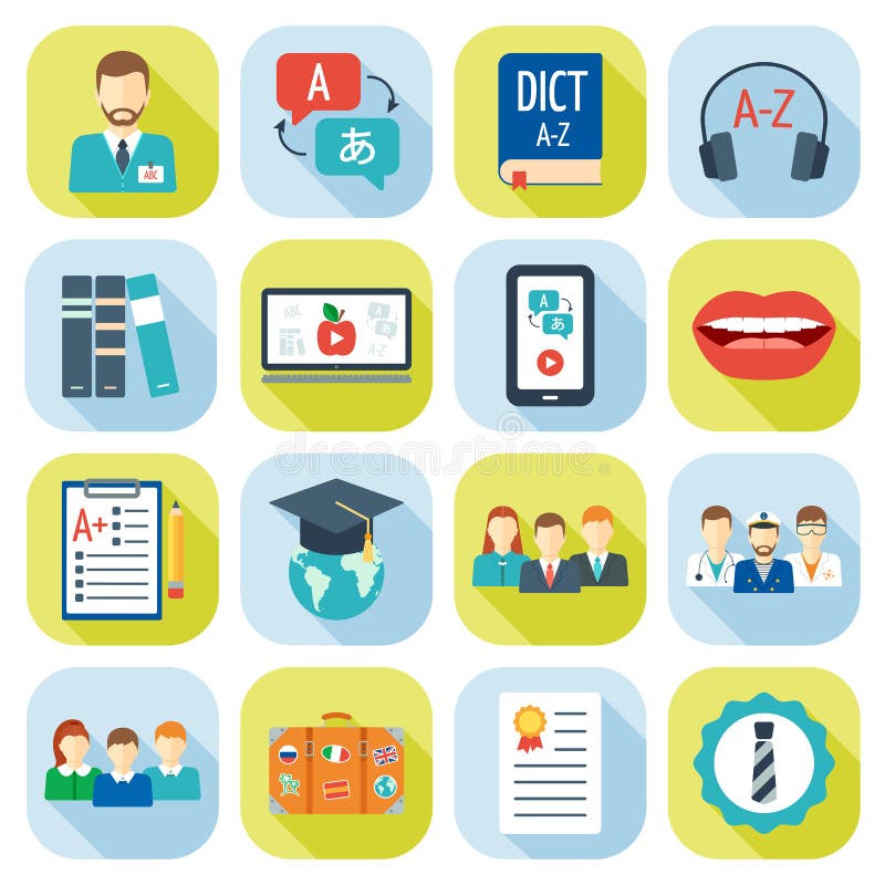 Icon Set for Foreign Language Courses and Schools. Flat Design Stock ...