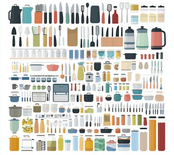 Icon Set of Kitchen Tools. Collection of Kitchenware. Includes a ...