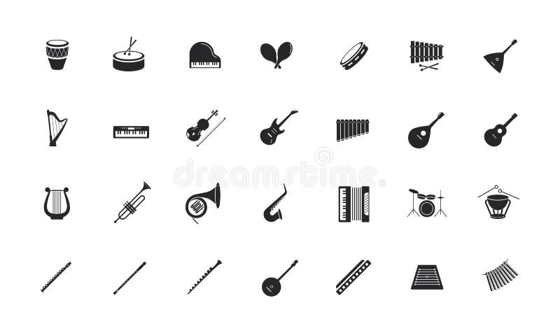 Icon Set of Musical Instruments. Drum Section, Wind Instruments ...