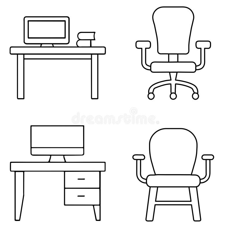 Icon Set Office Desk with Computer Chair Furniture Outline Vector Stock ...