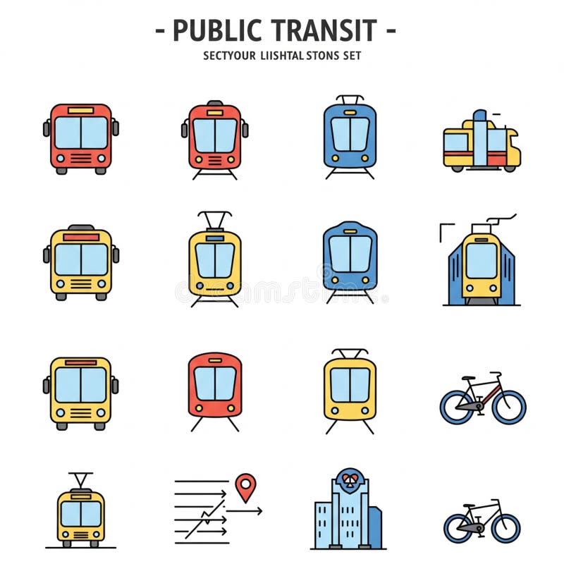 Icon Set Representing Various Public Transit Modes. Includes Buses ...