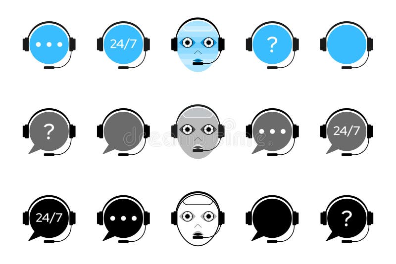Icon Set of Support Service Chat Bot. Call Center Robot Online Help ...