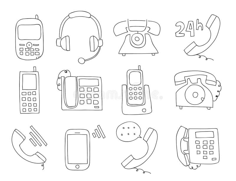 Icon Thin Line Telephone Hand Drawn Flat Vector Set Art Illustration ...