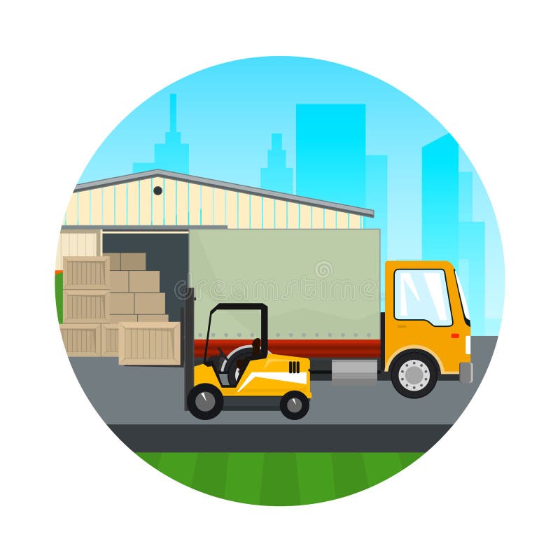 Loading or Unloading a Truck in the Warehouse. Forklifts Move the Cargo ...