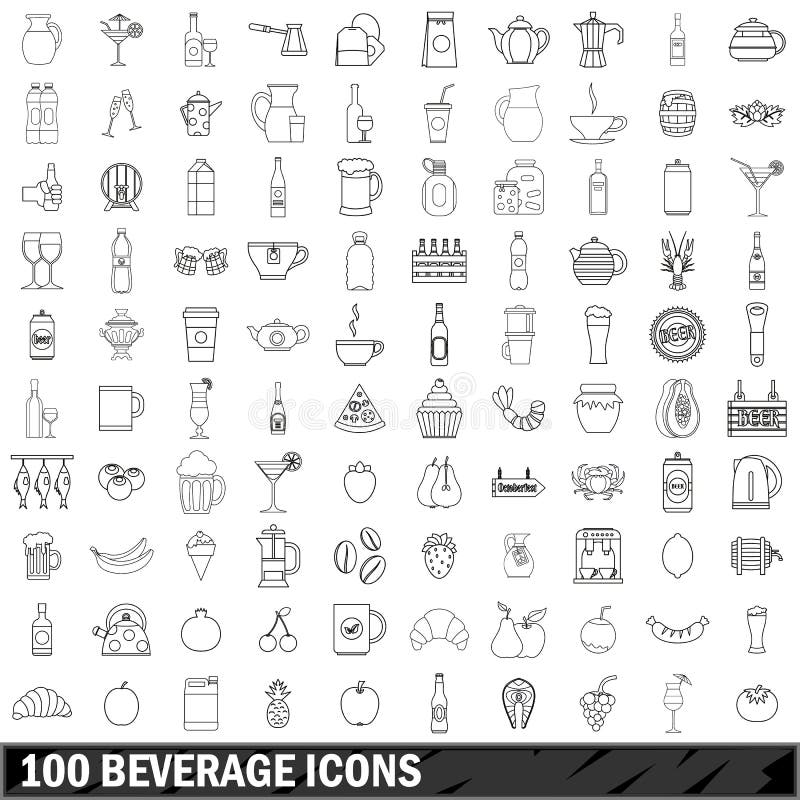 100 Icone Messe, Stile Della Bevanda Del Profilo Illustrazione ...