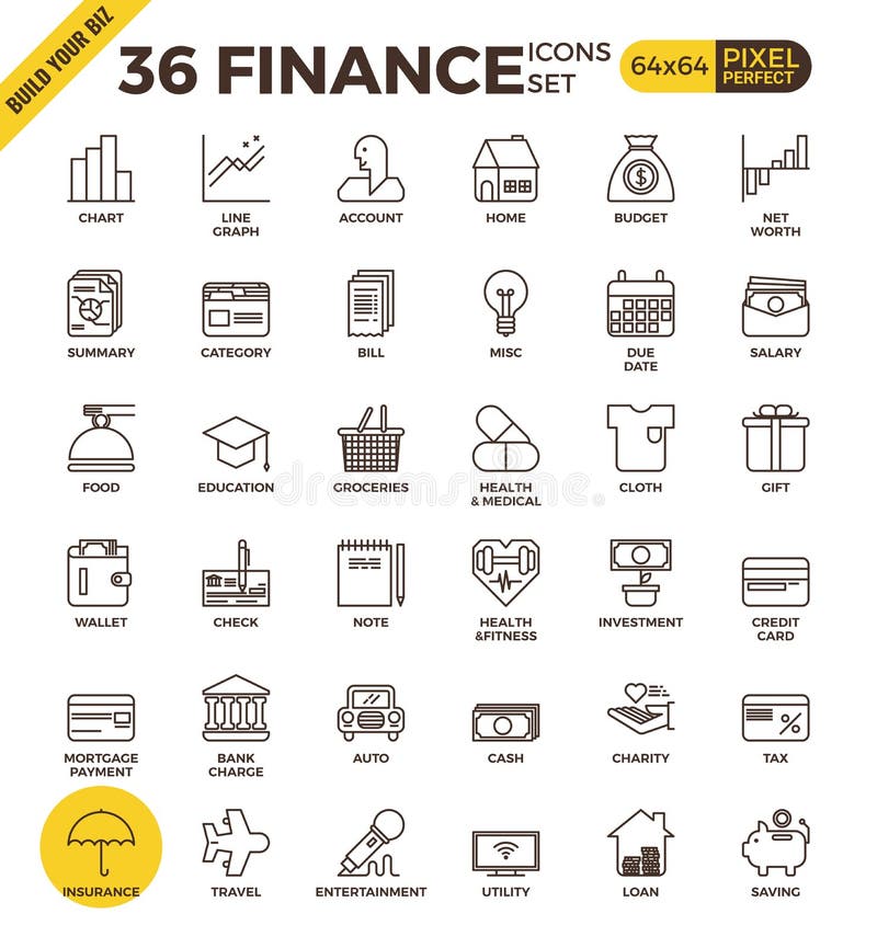 Icone Perfette Del Profilo Del Pixel Di Finanza Illustrazione ...