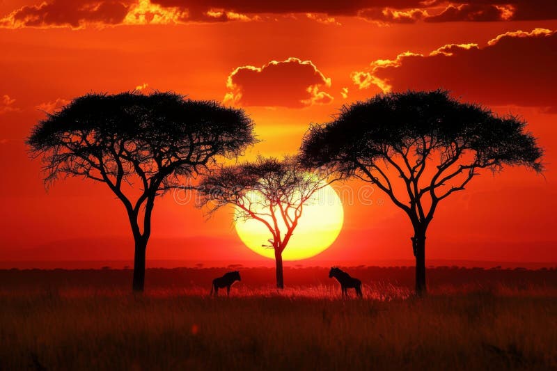 Iconic African Sunset With Silhouetted Acacia Trees Generative Ai