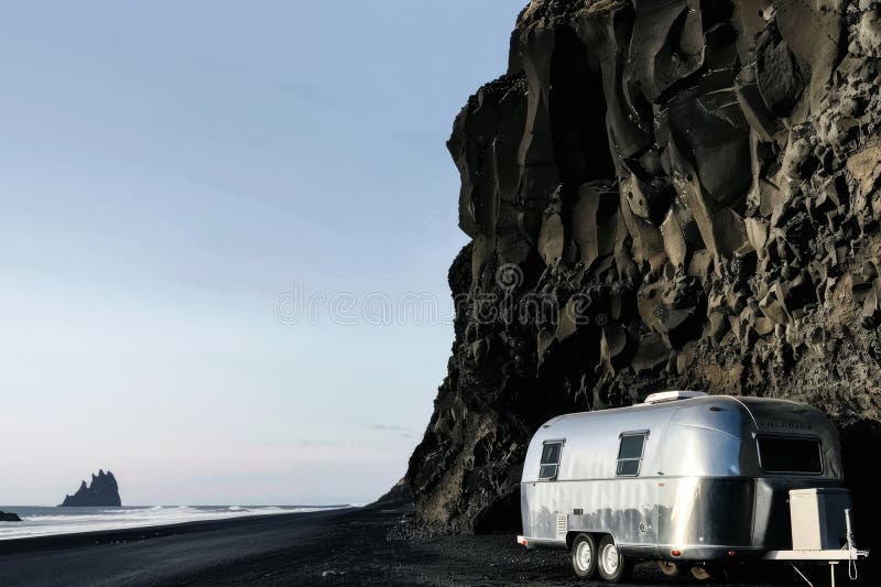 Iconic American Silver Bullet Camper Caravan at a Beach, Black Rock ...