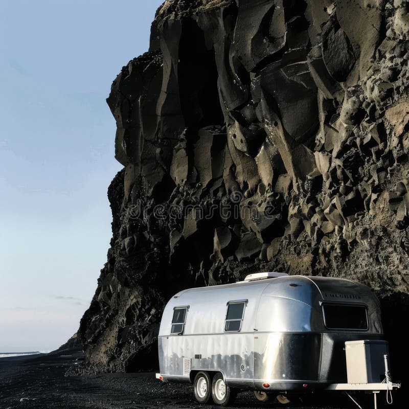 Iconic American Silver Bullet Camper Caravan at a Beach, Black Rock ...