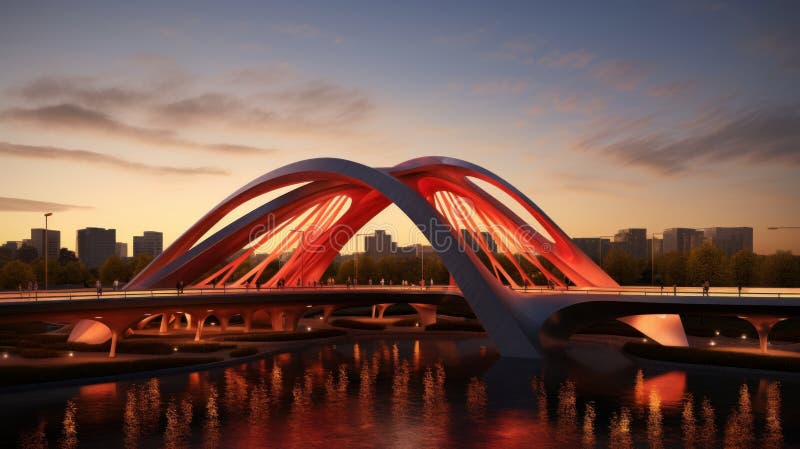 Iconic Bridge with Unconventional Design in Sunset Stock Illustration ...