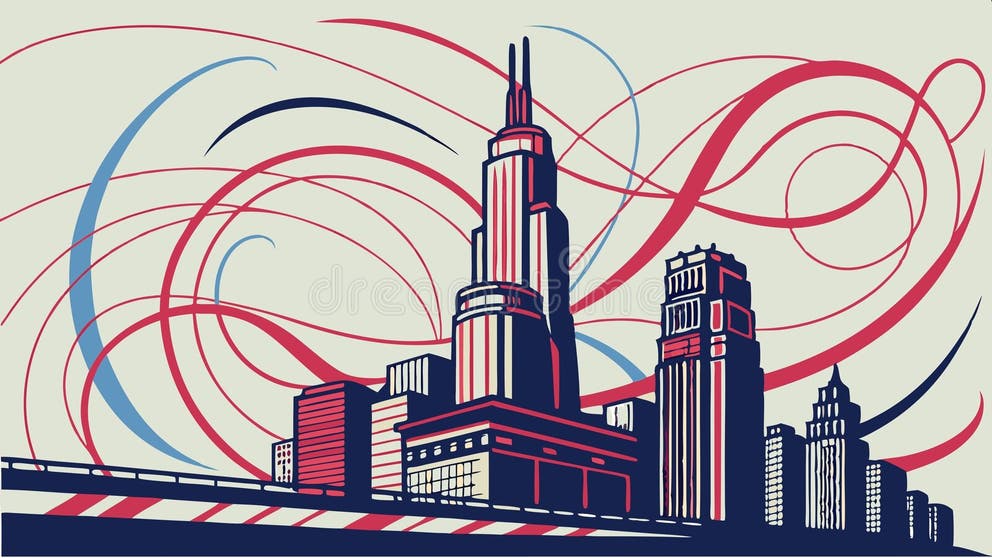 Iconic Chicago Skyline with Vibrant Abstract Flowing Elements Vector ...
