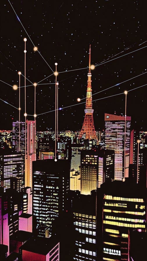 Iconic Cityscape Illuminated by Network Pathways Stock Illustration ...