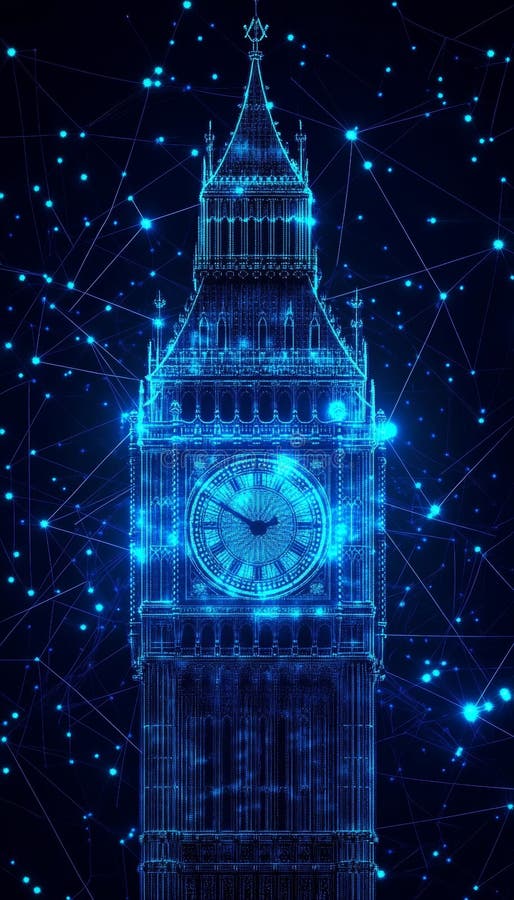 Iconic Clock Tower in Abstract Digital Network, Representing ...