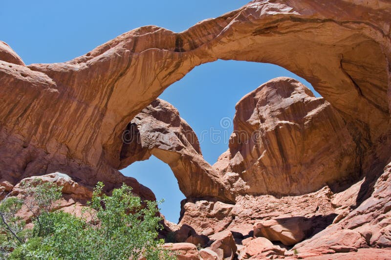 Iconic Double Arch, Arches National Park Stock Photo - Image of hiking ...