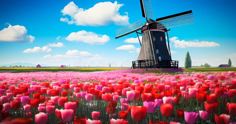 Iconic Dutch Landscape Windmill and Tulips Stock Illustration ...
