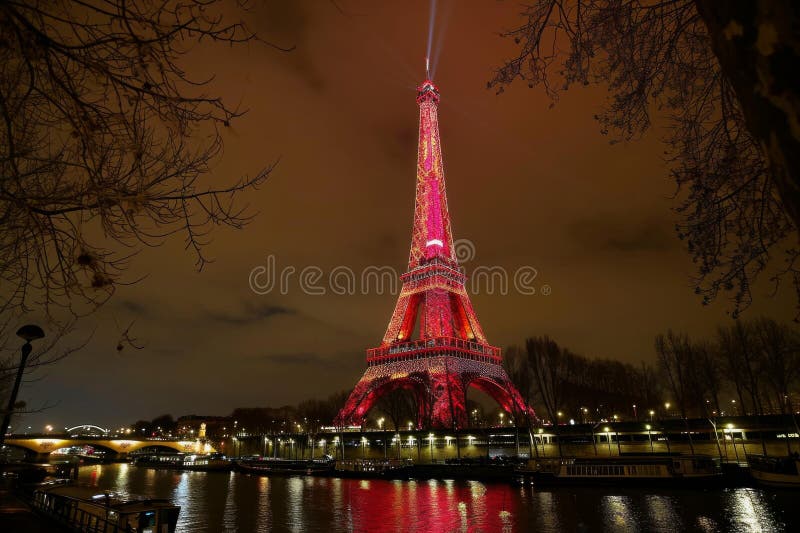 The Iconic Eiffel Tower Stands Tall and is Brilliantly Lit Up in Red ...