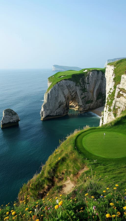 Iconic Golf Course on White Cliffs by Blue Sea with Tall Rock Arches ...