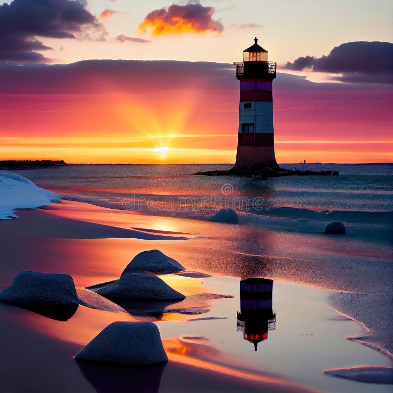 Iconic Lighthouse and Colorful Ocean View at Sunset Made Stock ...