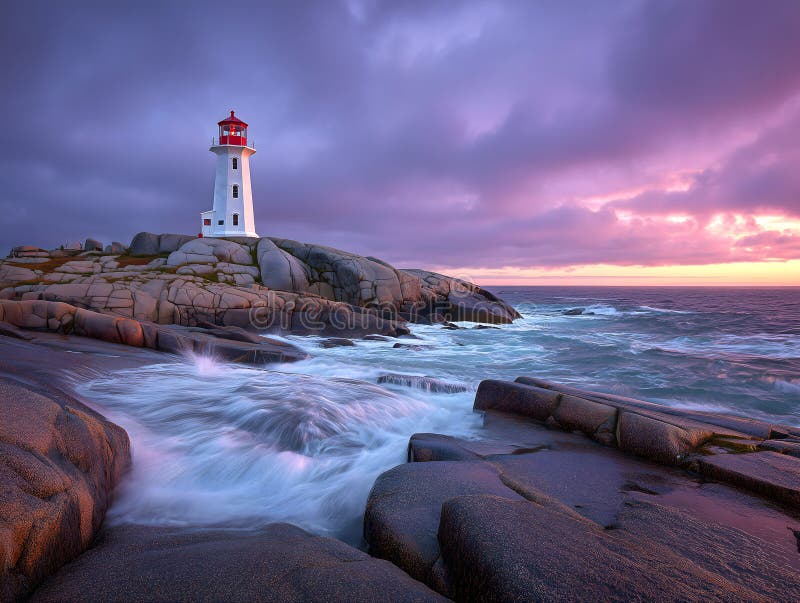 Lighthouse on Rocky Coastline at Dramatic Sunset Stock Photo - Image of ...