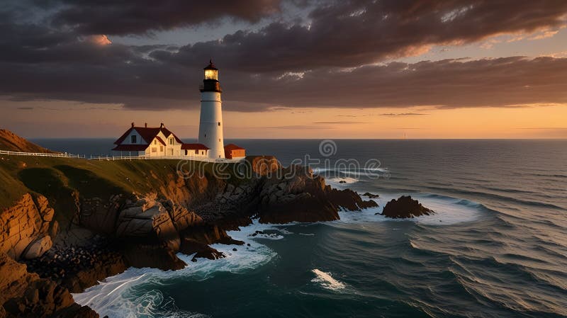 An Iconic Lighthouse Standing on a Rugged Coastline during Sunset Stock ...