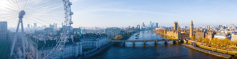 Iconic London Skyline with London Eye in Morning Light Over the Thames ...