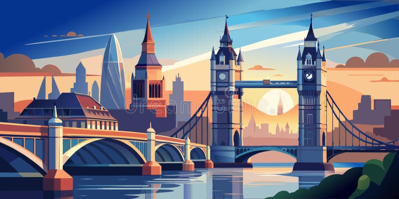 Iconic London Skyline with Tower Bridge at Sunset Scene Stock Vector ...