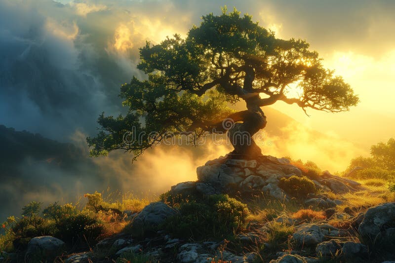 Iconic Lonely Tree on a Misty Mountain Stock Photo - Image of nature ...