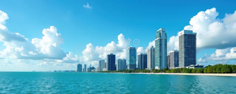Iconic Miami Skyline during Daytime, Blue Skies , Blue, Ocean Stock ...