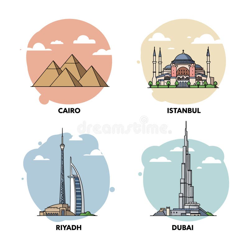 Iconic Middle Eastern Landmarks Flat Design Featuring Pyramids Mosque ...