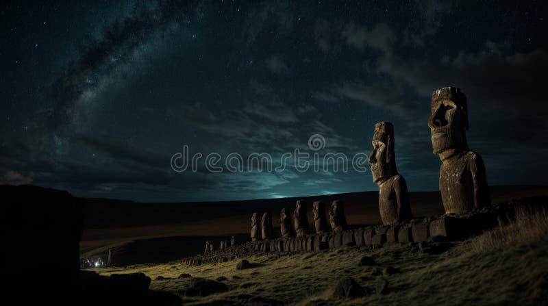 Iconic Moai Statues on Easter Island are Illuminated by Moonlight Under ...