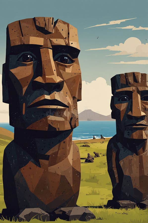 Iconic Moai Statues Standing on the Green Landscape of Easter Island ...