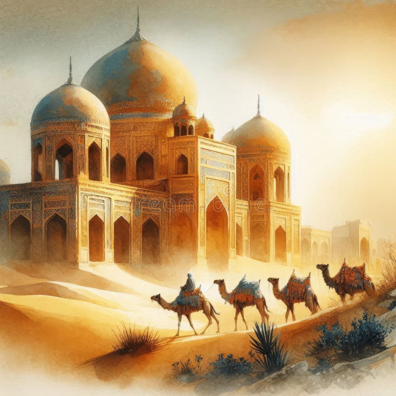 Sunlit Mosque Amidst Sand Dunes Stock Illustration - Illustration of ...