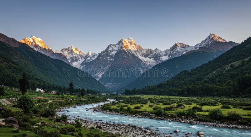 Iconic Mountain Range with River and Vibrant Nature Stock Illustration ...