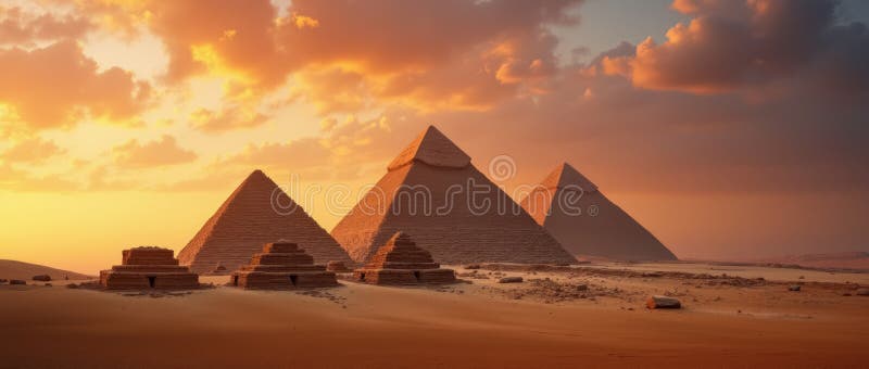The Iconic Pyramids of Egypt at Dusk with the Sky Glowing in Fiery ...
