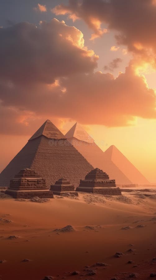 The Iconic Pyramids of Egypt at Dusk with the Sky Glowing in Fiery ...