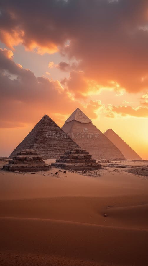 The Iconic Pyramids of Egypt at Dusk with the Sky Glowing in Fiery ...