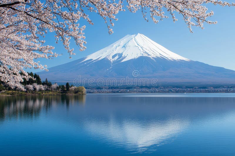 Iconic Serenity of Japan Mount Fuji, Sakura Blossoms, and Tranquil Lake ...