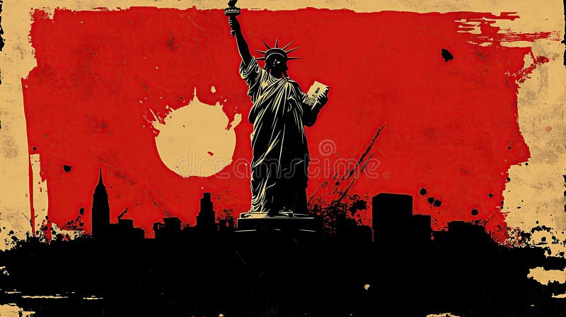 Iconic Statue of Liberty Over a Red-toned Cityscape Stock Illustration ...