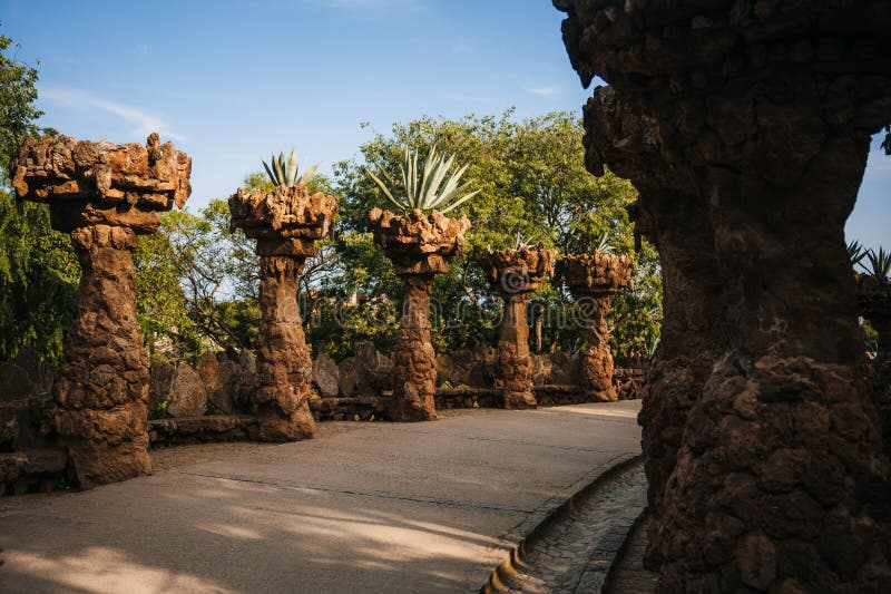 Iconic Stone Structures at Guell Park in Barcelona, Spain Stock Photo ...
