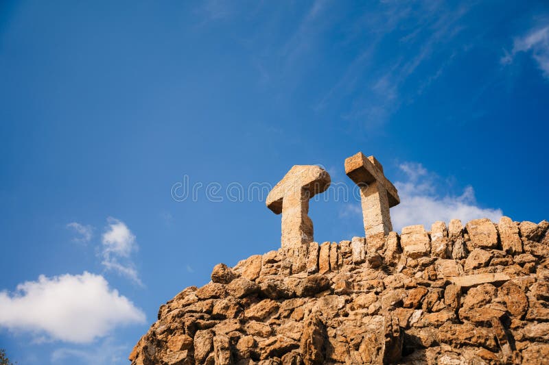 Iconic Stone Structures at Guell Park in Barcelona, Spain Stock Image ...